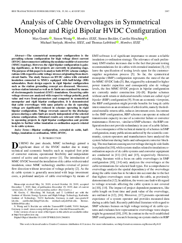 Pdf Analysis Of Cable Overvoltages In Symmetrical Monopolar And Rigid Bipolar Hvdc