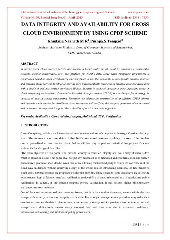(PDF) Data Integrity and Availability for Cross Cloud Environment by Using CPDP Scheme