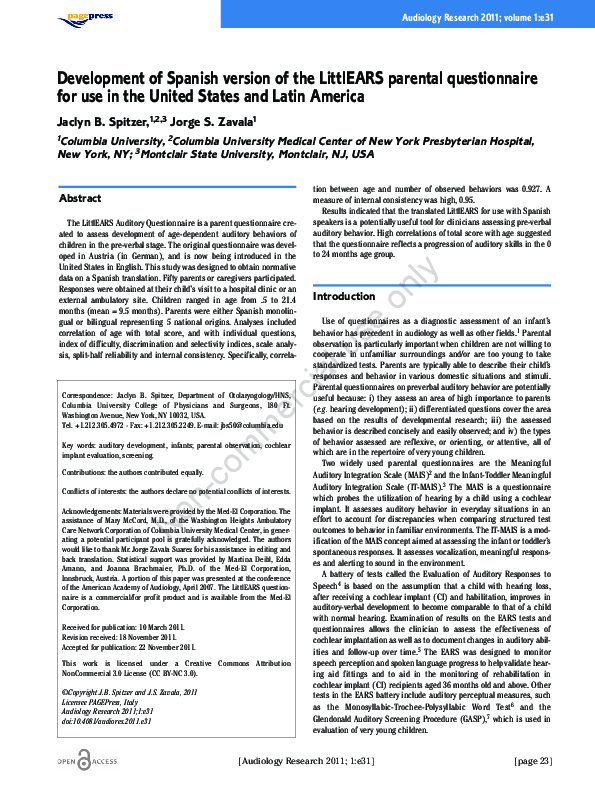 (PDF) Development of Spanish version of the LittlEARS parental ...