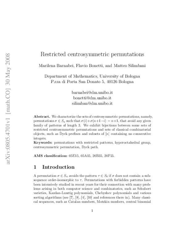 (PDF) Restricted centrosymmetric permutations