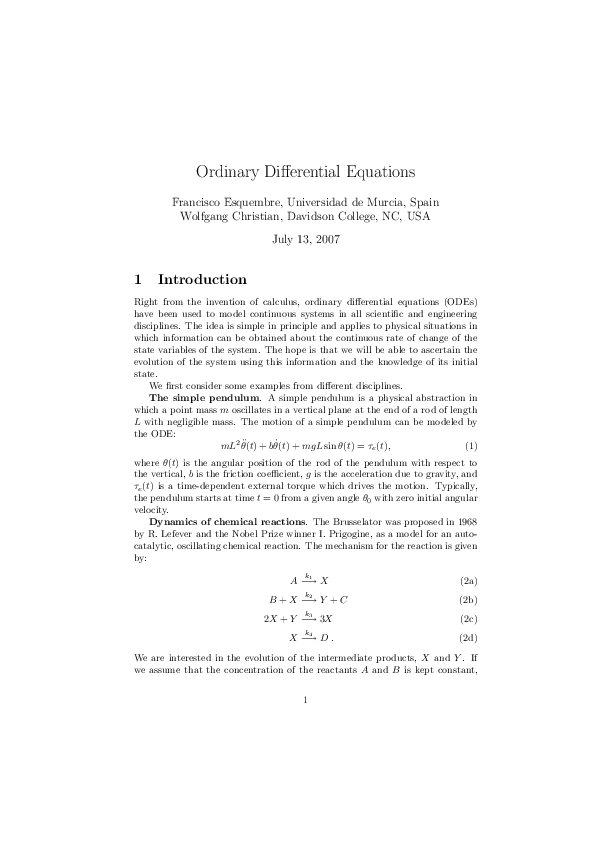 (PDF) Ordinary Differential Equations