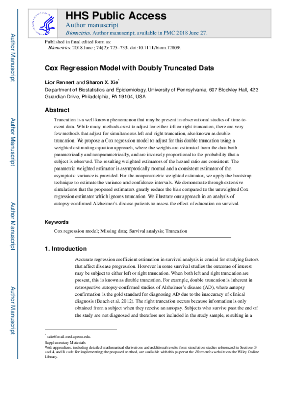 (PDF) Cox regression model with doubly truncated data