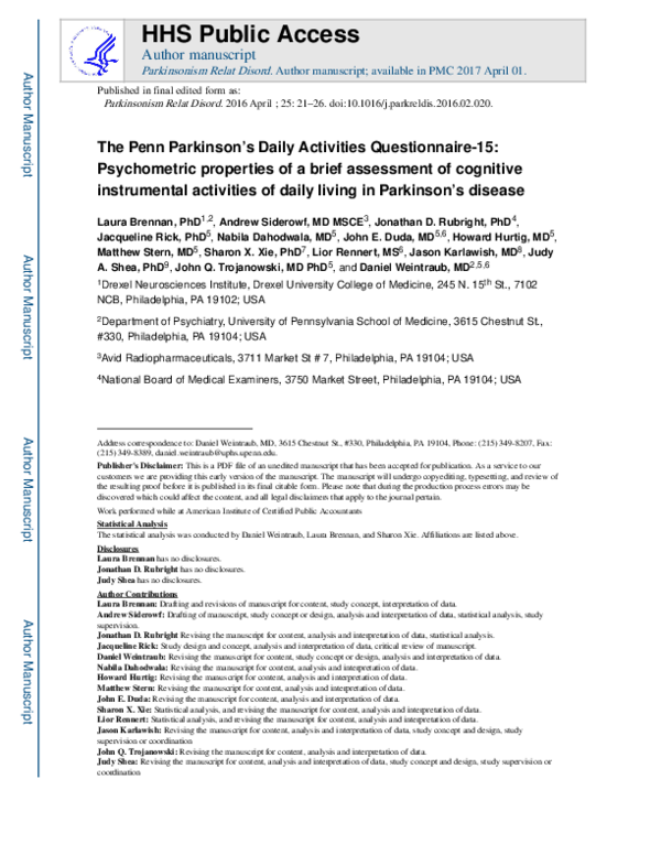 (PDF) The Penn Parkinson's Daily Activities Questionnaire-15 ...