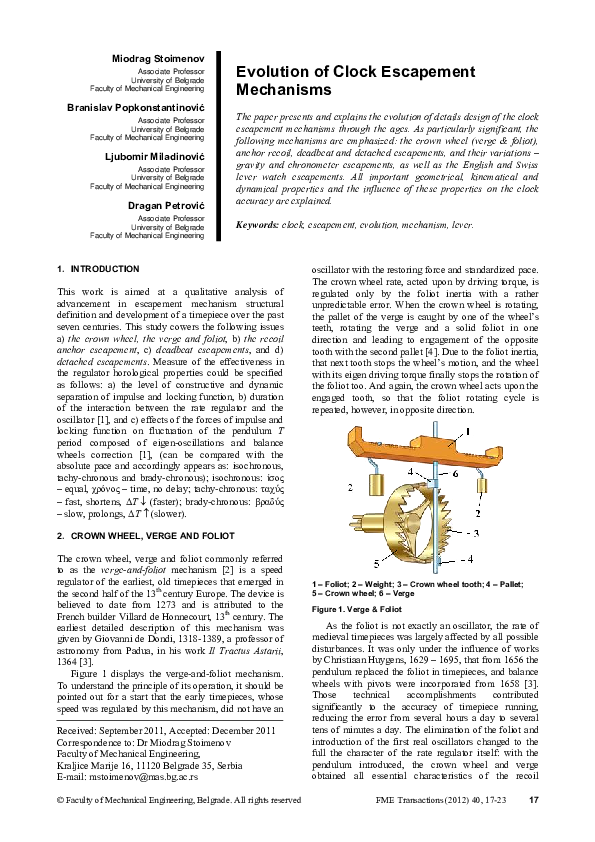 (PDF) Evolution of Clock Escapement Mechanisms