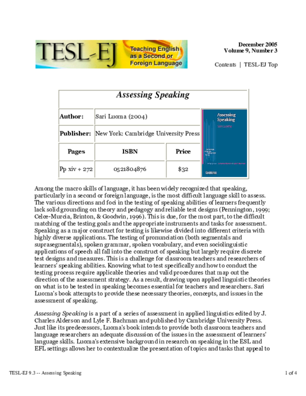 (PDF) Contents | TESL-EJ Top Assessing Speaking