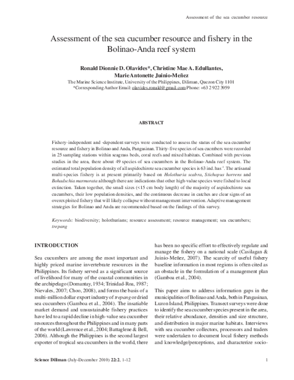 (PDF) Assessment of the sea cucumber resource and fishery in the ...