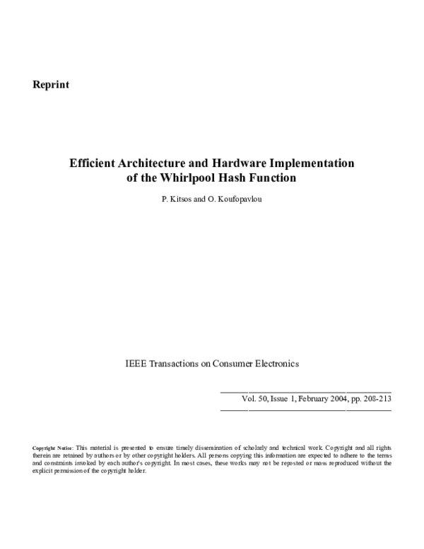 Pdf Efficient Architecture And Hardware Implementation Of The Whirlpool Hash Function