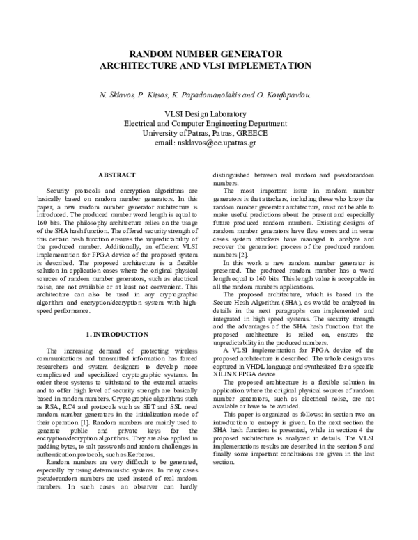 (PDF) Random number generator architecture and VLSI implementation | Paris Kitsos - Academia.edu