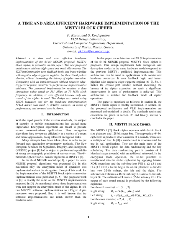 Pdf A Time And Area Efficient Hardware Implementation Of The Misty1 Block Cipher Paris