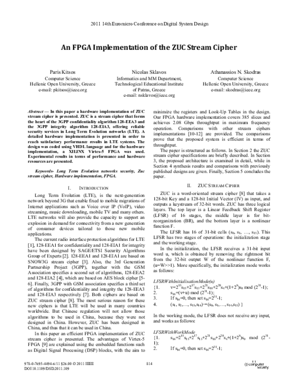 (PDF) An FPGA Implementation of the ZUC Stream Cipher