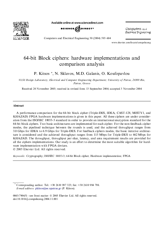 Pdf 64 Bit Block Ciphers Hardware Implementations And Comparison