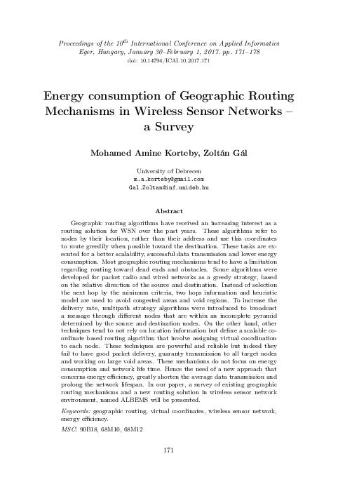 (PDF) Energy consumption of Geographic Routing Mechanisms in Wireless Sensor Networks – a Survey ...