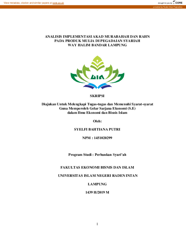 (PDF) Analisis Implementasi Akad Murabahah Dan Rahn Pada Produk Mulia DI Pegadaian Syariah Way ...