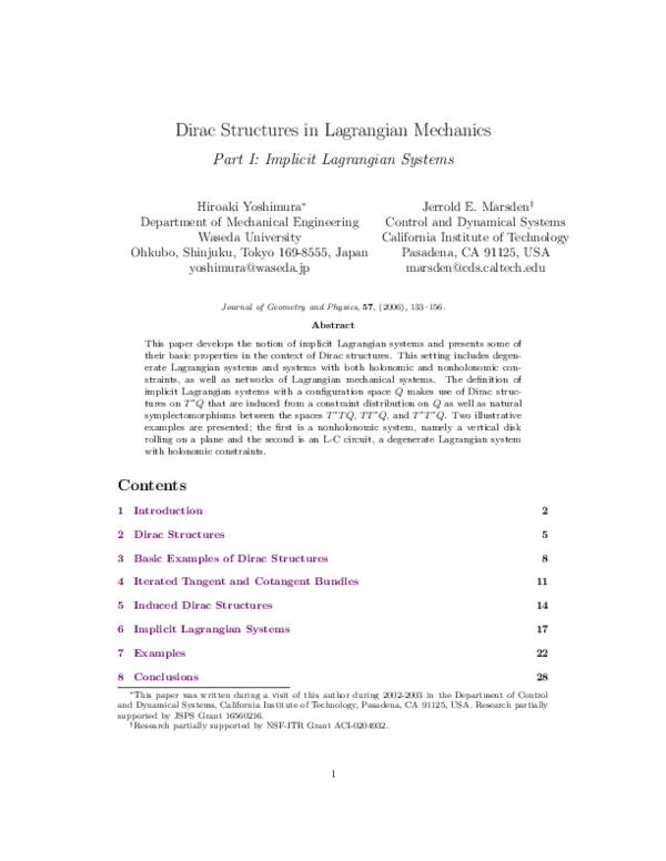 (PDF) Dirac structures in Lagrangian mechanics Part I: Implicit Lagrangian systems