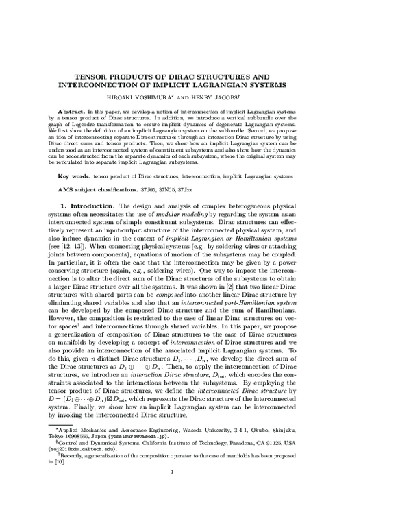 (PDF) Tensor Products of Dirac Structures and Interconnection in Lagrangian Mechanics