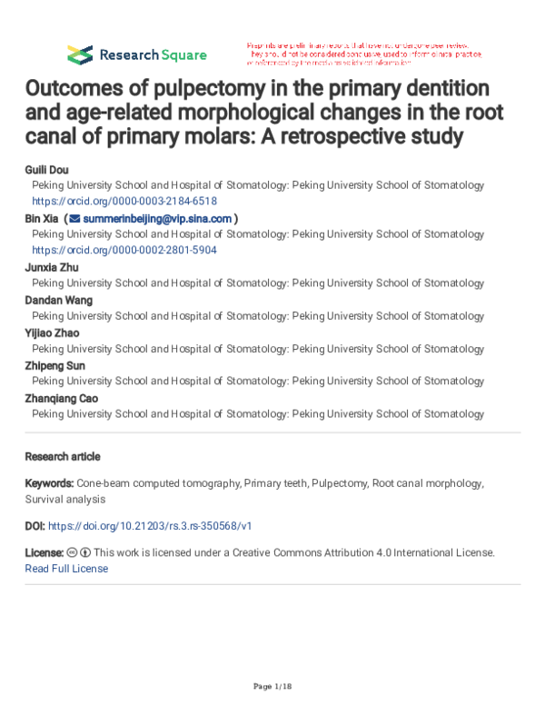(PDF) Outcomes of pulpectomy in the primary dentition and age-related ...