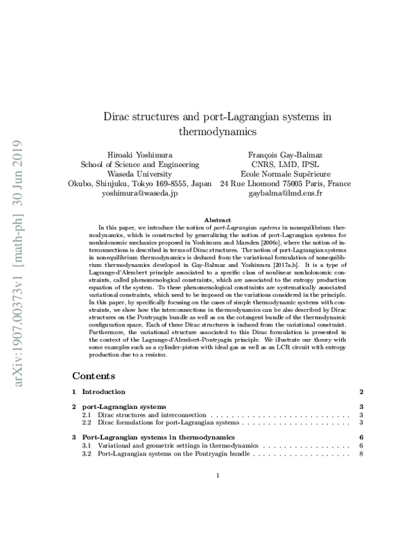 (PDF) Dirac structures and port-Lagrangian systems in thermodynamics