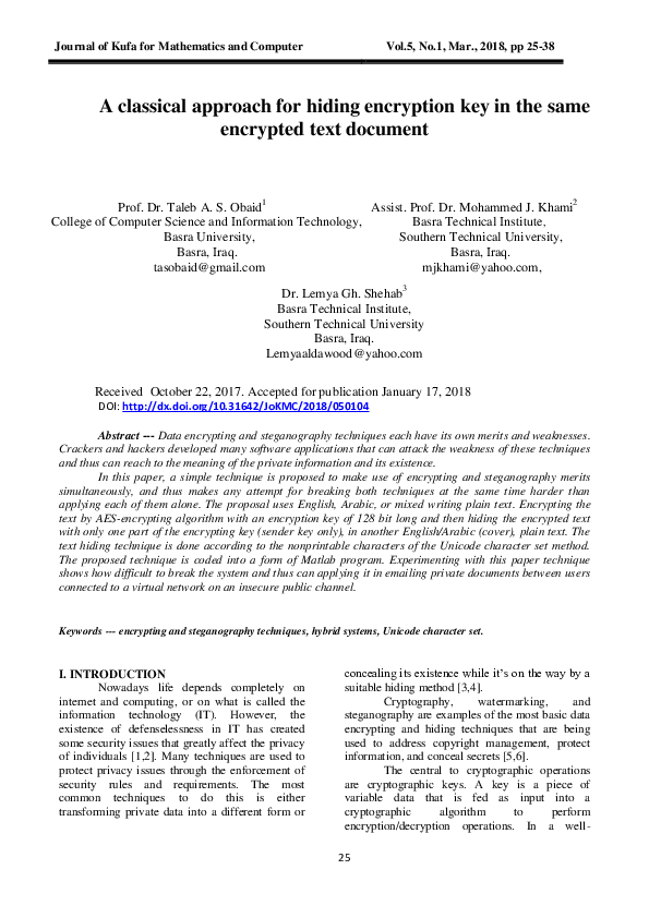 (PDF) A classical approach for hiding encryption key in the same encrypted text document ...