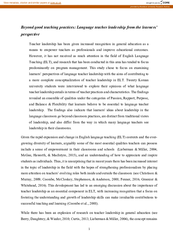 (PDF) Beyond Good Teaching Practices: Language Teacher Leadership From ...