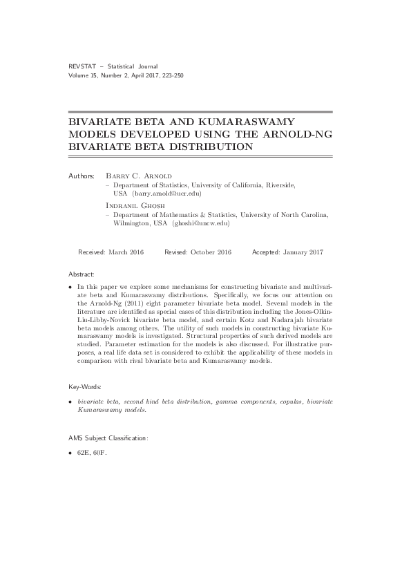 (PDF) Bivariate Beta and Kumaraswamy models developed using the Arnold-Ng bivariate beta ...