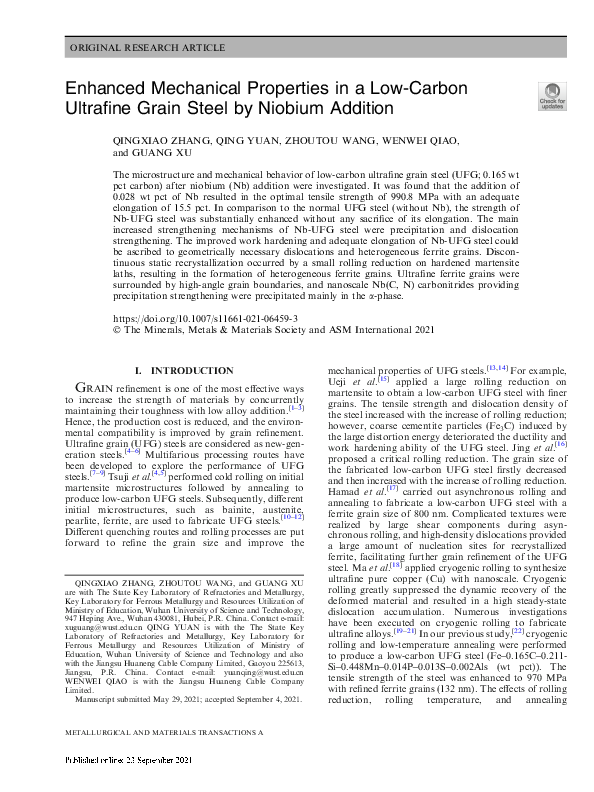 (PDF) Enhanced Mechanical Properties in a Low-Carbon Ultrafine Grain ...