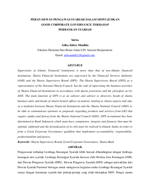 (PDF) PERAN DEWAN PENGAWAS SYARIAH DALAM MEWUJUDKAN GOOD CORPORATE GOVERNANCE TERHADAP PERBANKAN ...