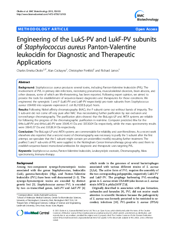 (PDF) Engineering of the LukS-PV and LukF-PV subunits of Staphylococcus aureus Panton-Valentine ...