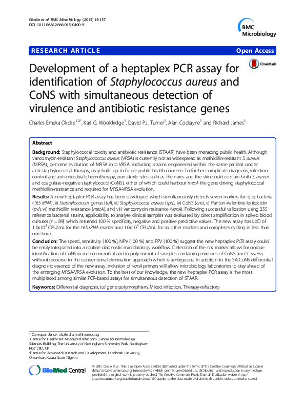 (PDF) Development of a heptaplex PCR assay for identification of Staphylococcus aureus and CoNS ...