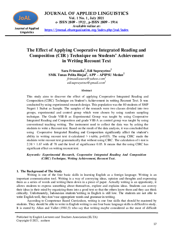 (PDF) The Effect of Applying Cooperative Integrated Reading and ...