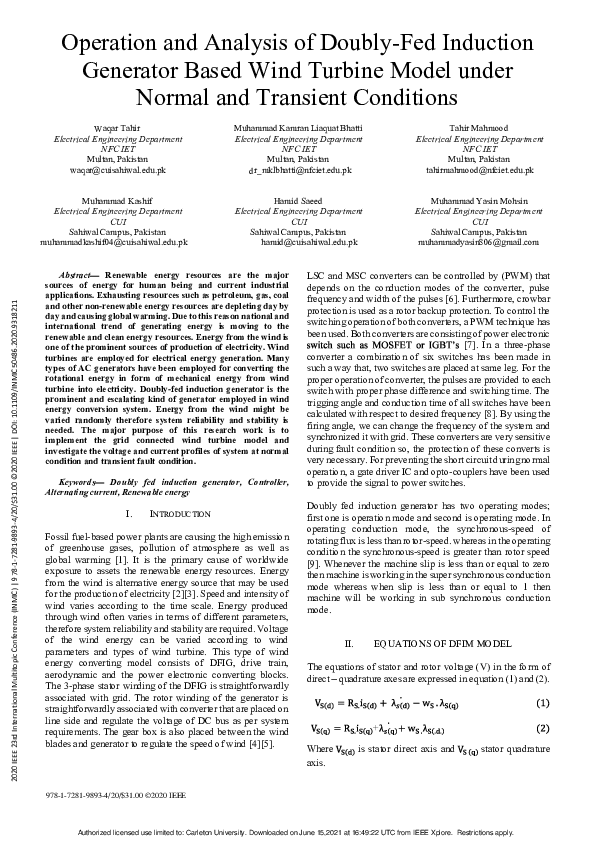Pdf Operation And Analysis Of Doubly Fed Induction Generator Based Wind Turbine Model Under