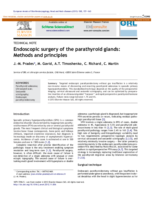 (PDF) Endoscopic surgery of the parathyroid glands: methods and principles