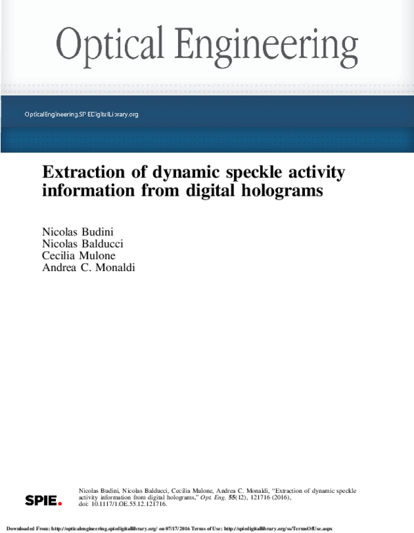 (PDF) Extraction of dynamic speckle activity information from digital holograms