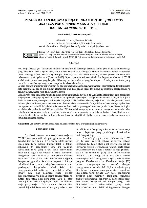 (PDF) Pengendalian Bahaya Kerja dengan Metode Job Safety Analysis pada Penerimaan Afval Lokal ...