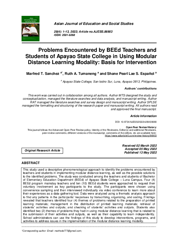 (PDF) Problems Encountered by BEEd Teachers and Students of Apayao ...