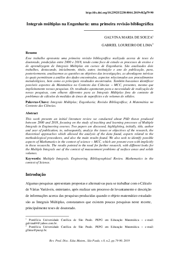 (PDF) Integrais múltiplas na Engenharia: uma primeira revisão bibliográfica