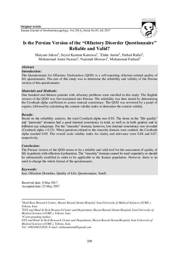 (PDF) Is the Persian Version of the “Olfactory Disorder Questionnaire” Reliable and Valid?