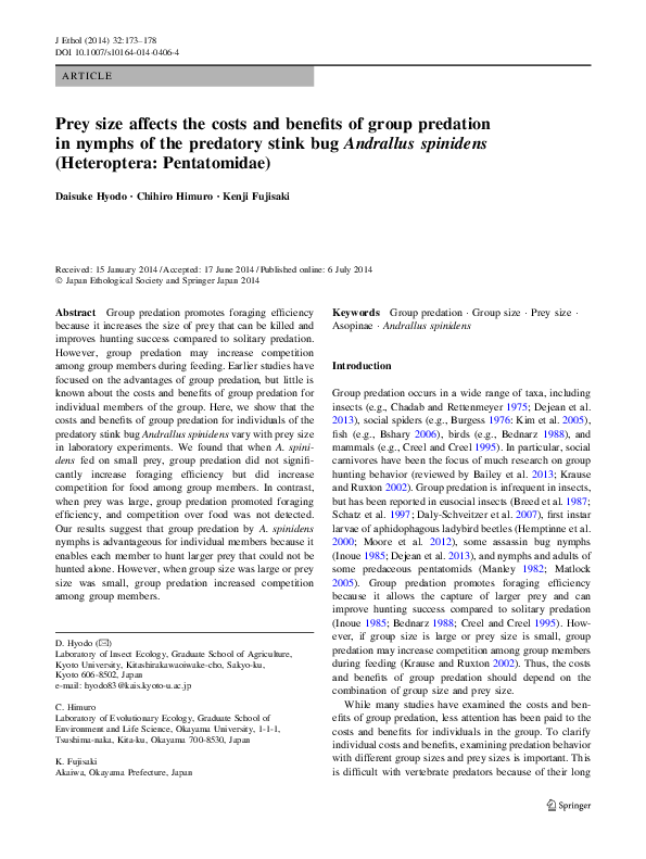 (PDF) Prey size affects the costs and benefits of group predation in ...