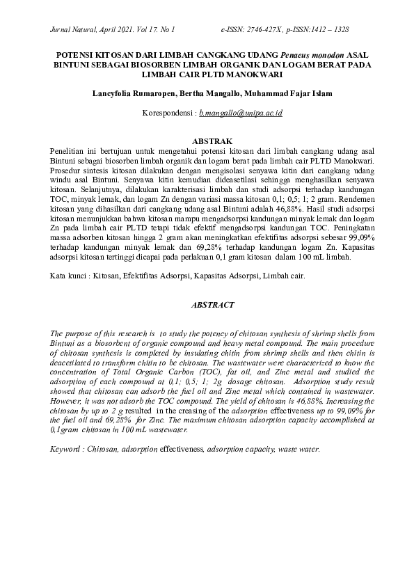 (PDF) POTENSI KITOSAN DARI LIMBAH CANGKANG UDANG Penaeus monodon ASAL ...