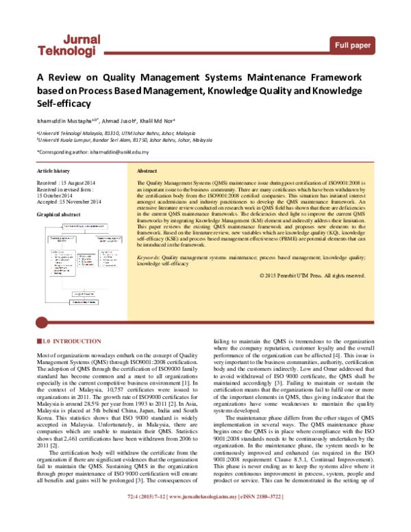 (PDF) A Review on Quality Management Systems Maintenance Framework ...