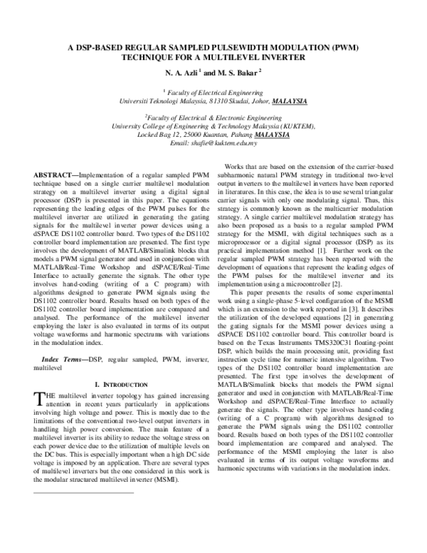 Pdf A Dsp Based Regular Sampled Pulsewidth Modulation Pwm Technique For A Multilevel Inverter