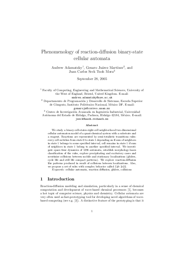 Pdf Phenomenology Of Reaction Diffusion Binary State Cellular Automata