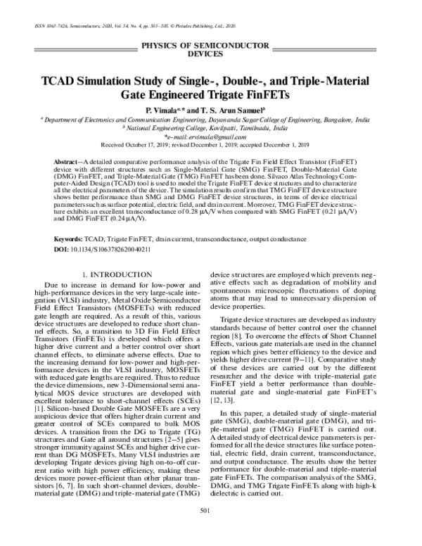 (PDF) TCAD Simulation Study of Single-, Double-, and Triple-Material Gate Engineered Trigate FinFETs