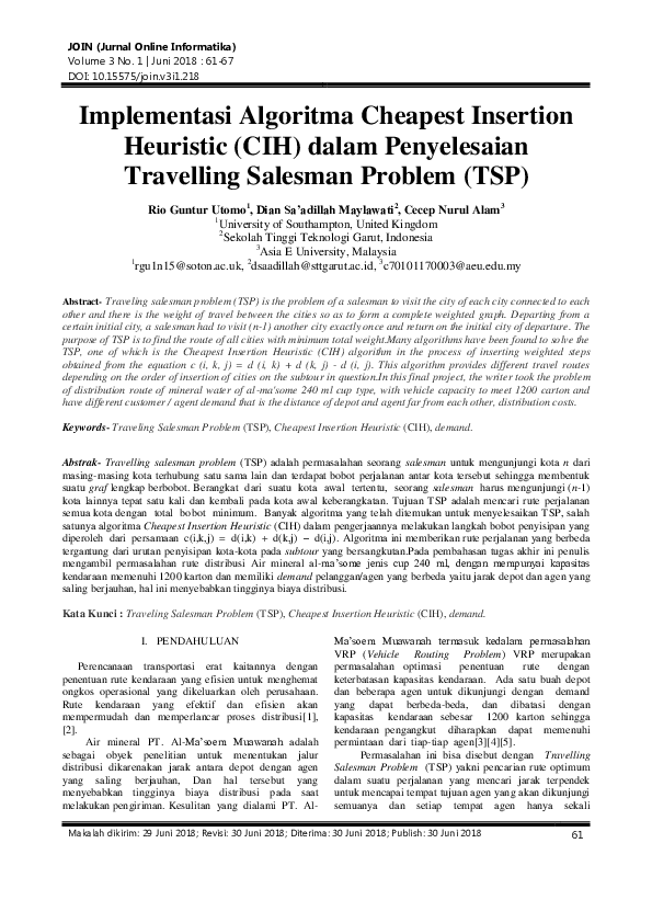 Pdf Implementasi Algoritma Cheapest Insertion Heuristic Cih Dalam Penyelesaian Travelling