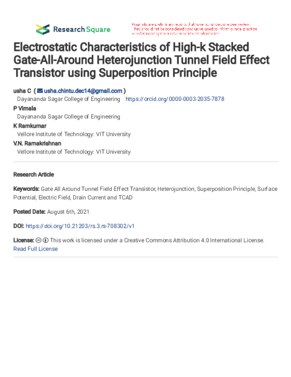 (PDF) Electrostatic characteristics of a high-k stacked gate-all-around heterojunction tunnel ...
