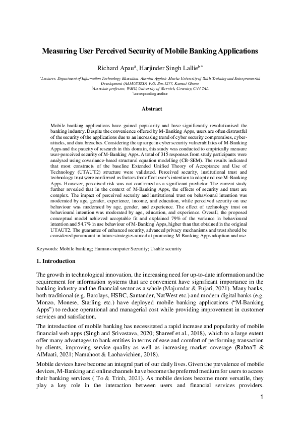 (PDF) Measuring User Perceived Security of Mobile Banking Applications