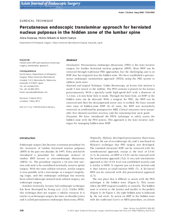 (PDF) Percutaneous endoscopic translaminar approach for herniated ...