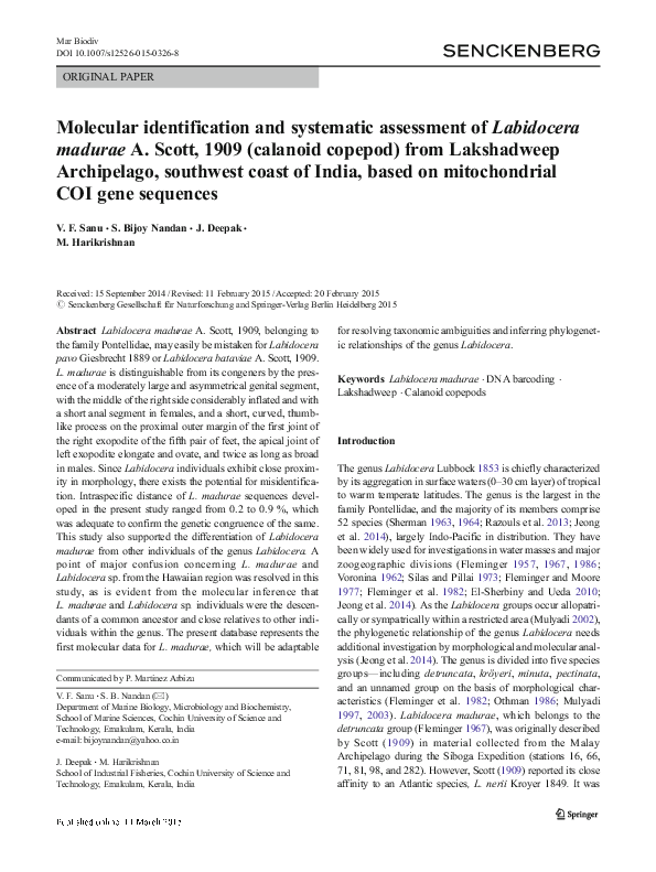 (PDF) Molecular identification and systematic assessment of Labidocera ...
