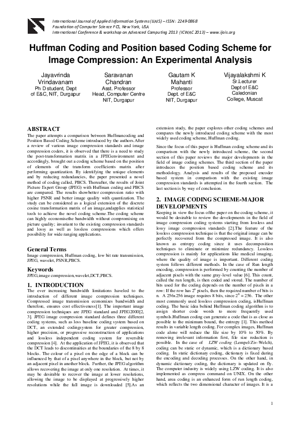 (PDF) Huffman Coding and Position based Coding Scheme for Image Compression : An Experimental ...