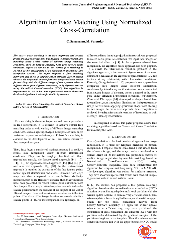 Pdf Algorithm For Face Matching Using Normalized Cross Correlation