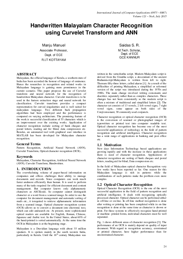 (PDF) Handwritten Malayalam Character Recognition using Curvelet Transform and ANN